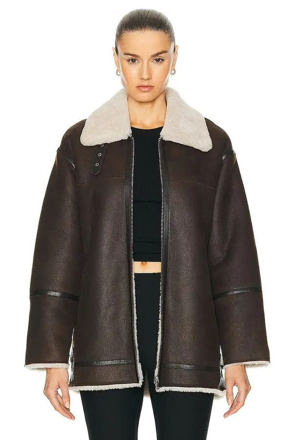 Nour Hammour Horizon Shearling Jacket In Chocolat Fondant & Cream